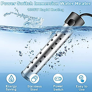 Immersion Water Heater, Cadrim 1500W Electric Submersible Water Heater, Stainless Steel Guard Cover and Convenient Switch, Home Instant Water Heater to Heat 5 Gallons of Water in Min