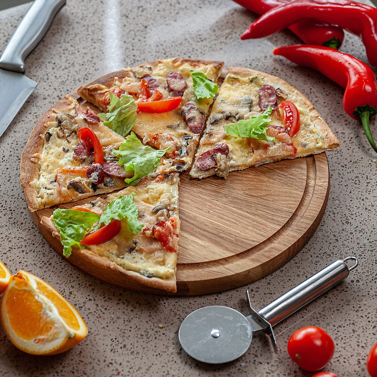 BIOL 10’’ Wooden Hardwood Circle Cutting Board Oak with Juice Groove for Kitchen - BBQ Chinese Turkey Lipped Charcuterie Round Chopping Board for Kitchen with Lip