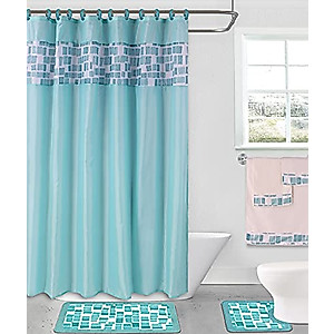 GorgeousHomeLinen 15 Piece Complete Bathroom Bundle Set Printed Design Assorted Colors Bathroom Decor with Shower Curtain, with Hooks and Non Slip Math Rugs (Mosaic Turquoise)