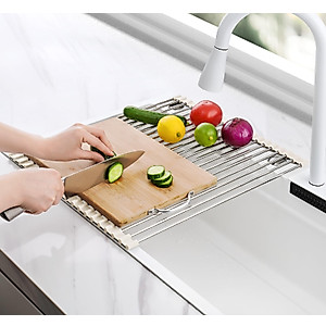 Tomorotec 17.7" x 15.5" Roll Up Dish Drying Rack Over Sink Drying Rack Sink Cover Kitchen Sink Accessories Gadget Multipurpose Organizer Foldable Stainless Steel Drainer