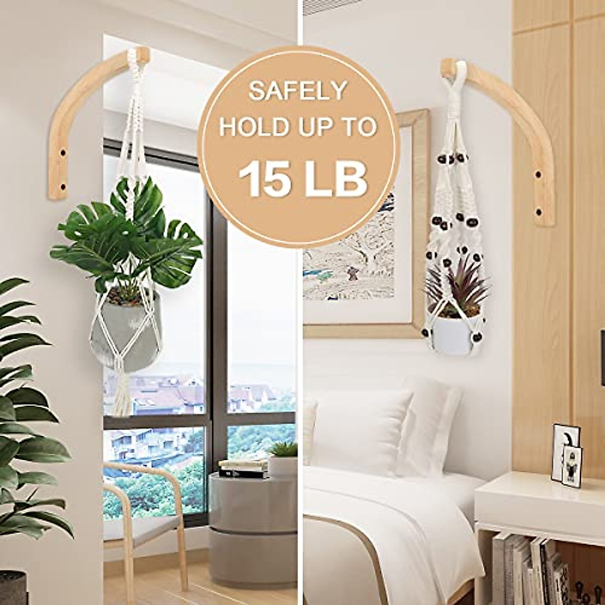 Perfin Wooden Wall Hooks, Plant Hangers Indoor, 8-Inch Wall Mounted Hanging Plant Hooks for Planters, Lanterns, Flower Bracket, Wind Chimes, Decoration Hooks (2 Pack)