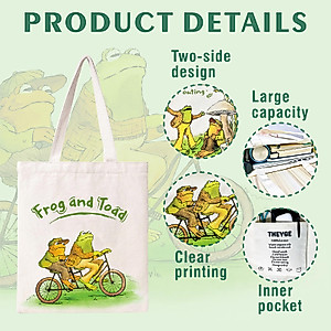 THEYGE Funny Frog Tote Bag Cute Frog and Toad Canvas Bag for Women Gift Cotton Canvas Tote Bag with Pocket Reusable Grocery Bag Beach Shopping Shoulder Bag