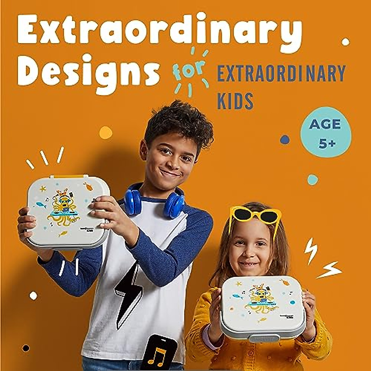 Bentoheaven Premium Bento Lunch Box for Kids, 9 Designs, Leak-proof 3-4 Compartments, Divider, Ideal size 30oz, Microwave/Dishwasher Safe Kids Bento Box (Loncheras Para Niños/Niñas)[Orange Gray]