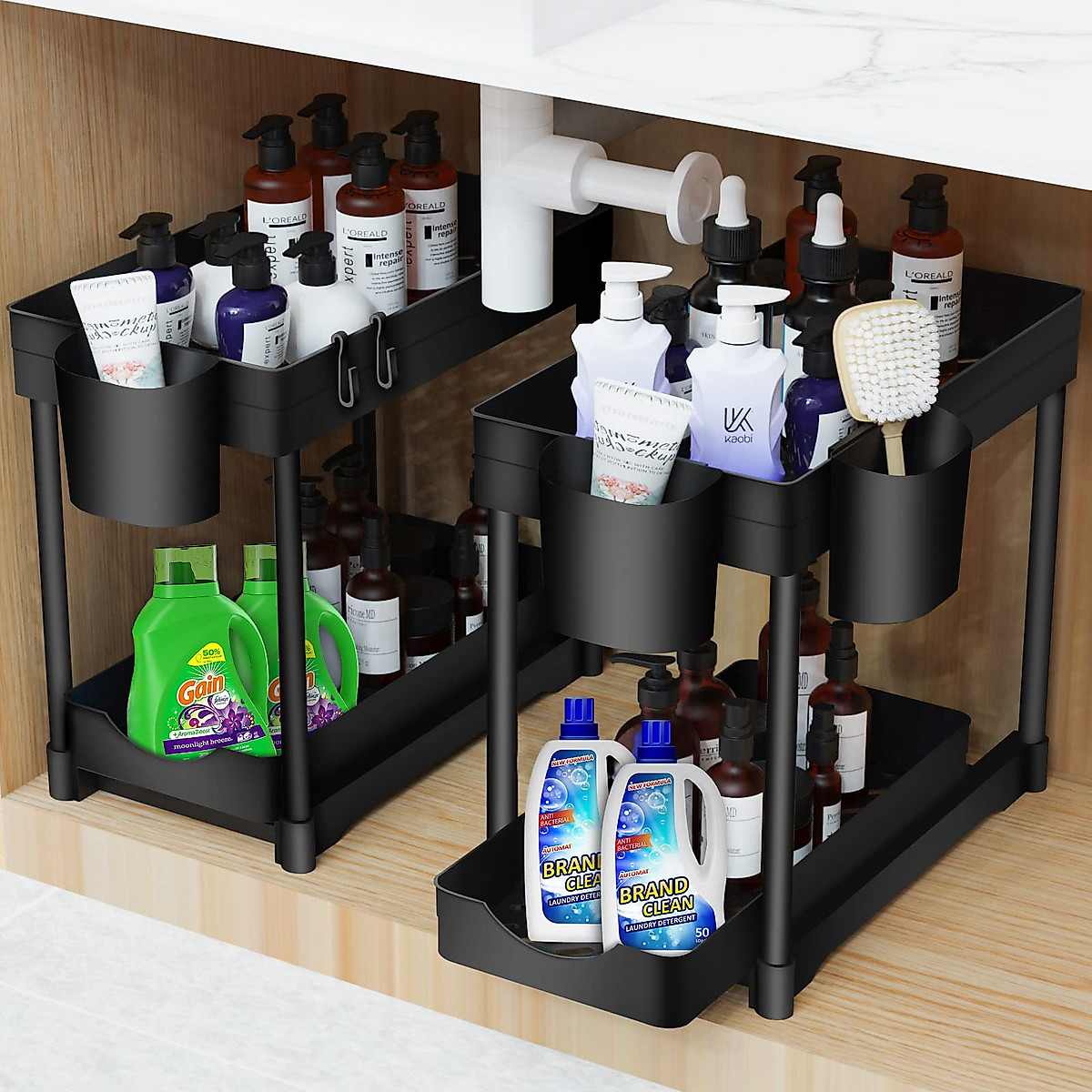 2 Pack Under Sink Organizers and Storage with Sliding Drawer, 2 Tier Under Sink Storage Rack for Bathroom Kitchen, Under Cabinet Counter Storage Shelf Organizer with Hooks & Hanging Cups (Black)