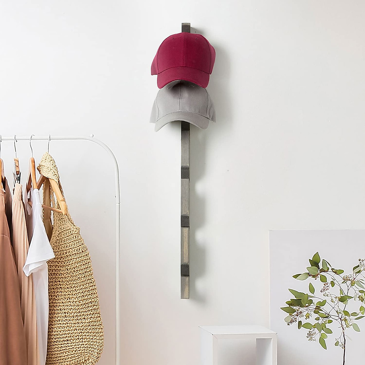 MyGift Wall Mounted Wooden Hat Collection Display Rack Organizer with 6 Slots for Baseball Caps in Barnwood Gray Wood Finish