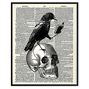Gothic Edgar Allan Poe The Raven Poster - 8x10 Hipster Vintage Skull Wall Art, Home Decor or Room Decoration - Funny Unique Affordable Gift for Goth Fans - Dictionary Art Photo Picture Print