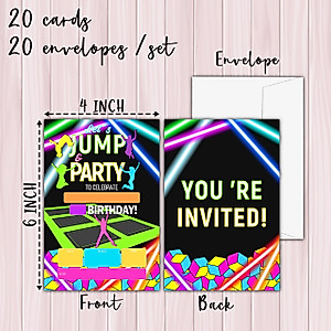 KFNER Jump Birthday Invitations, Neon Glow Trampoline Birthday Party Invitation Card, Bounce House Birthday Party Favors & Celebration Supplies(20 Set of Invitations with Envelopes)-C10