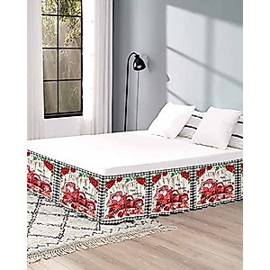 Valentine's Day Bed Skirt King Size 18 Inch Drop,Adjustable & Elastic Wrap Around Bed Skirts Pleated Dust Ruffles for Twin Full Queen Cal King Bed,Red Truck Spring Saint Rose Love Black Plaid Check
