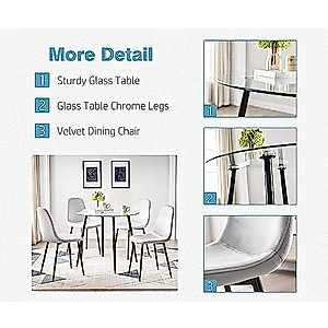 STYLIFING Dining Table Set for 4 Modern 5 Pieces Dining Room Set Mid Century Round Tempered Glass Kitchen Table and 4 Light Grey Modern Velvet Fabric Upholstered Kitchen Chair with Metal Legs