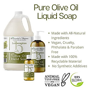 Brittanie's Thyme Organic Natural Hand Soap, 16 oz (Lemongrass) Moisturizing Castile Soap Made Olive Oil And Natural Luxurious Essential Oils. Vegan, Gluten & Cruelty Free,