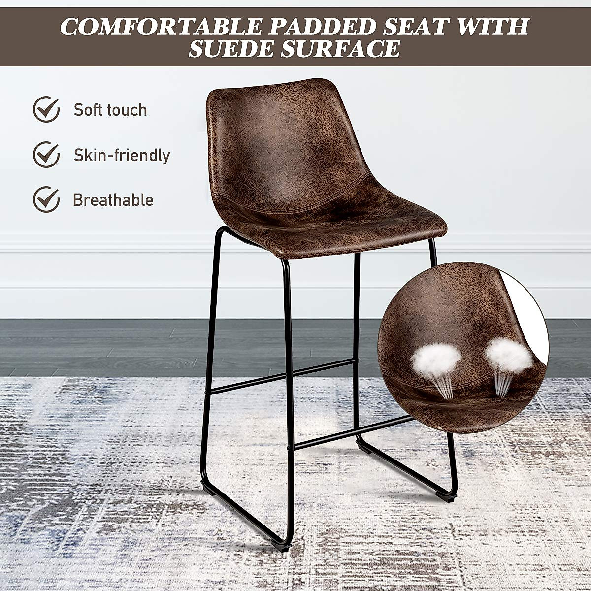 COSTWAY Set of 2 Bar Stools, Vintage Faux Suede Bar Stools, with Metal Legs, Back and Footrest, Upholstered Stools for Home Kitchen, Pub (Brown, 4)