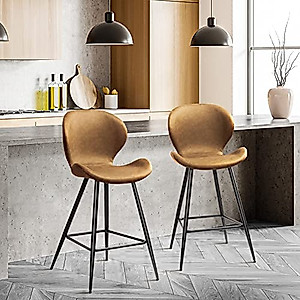KithKasa Counter Height Bar Stools Set of 2 with Back, Mid Century Modern PU Leather 26" Kitchen Island Barstools with Metal Legs for Dining Room Kitchen Counter Pub Brown