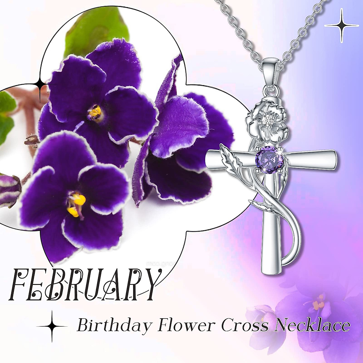 TOUPOP Cross Necklace 925 Sterling Silver February Birth Flower Necklace Religious Pendant with Birthstone Faith Christian Jewelry Birthday Gifts for Women Mom Wife Grandma