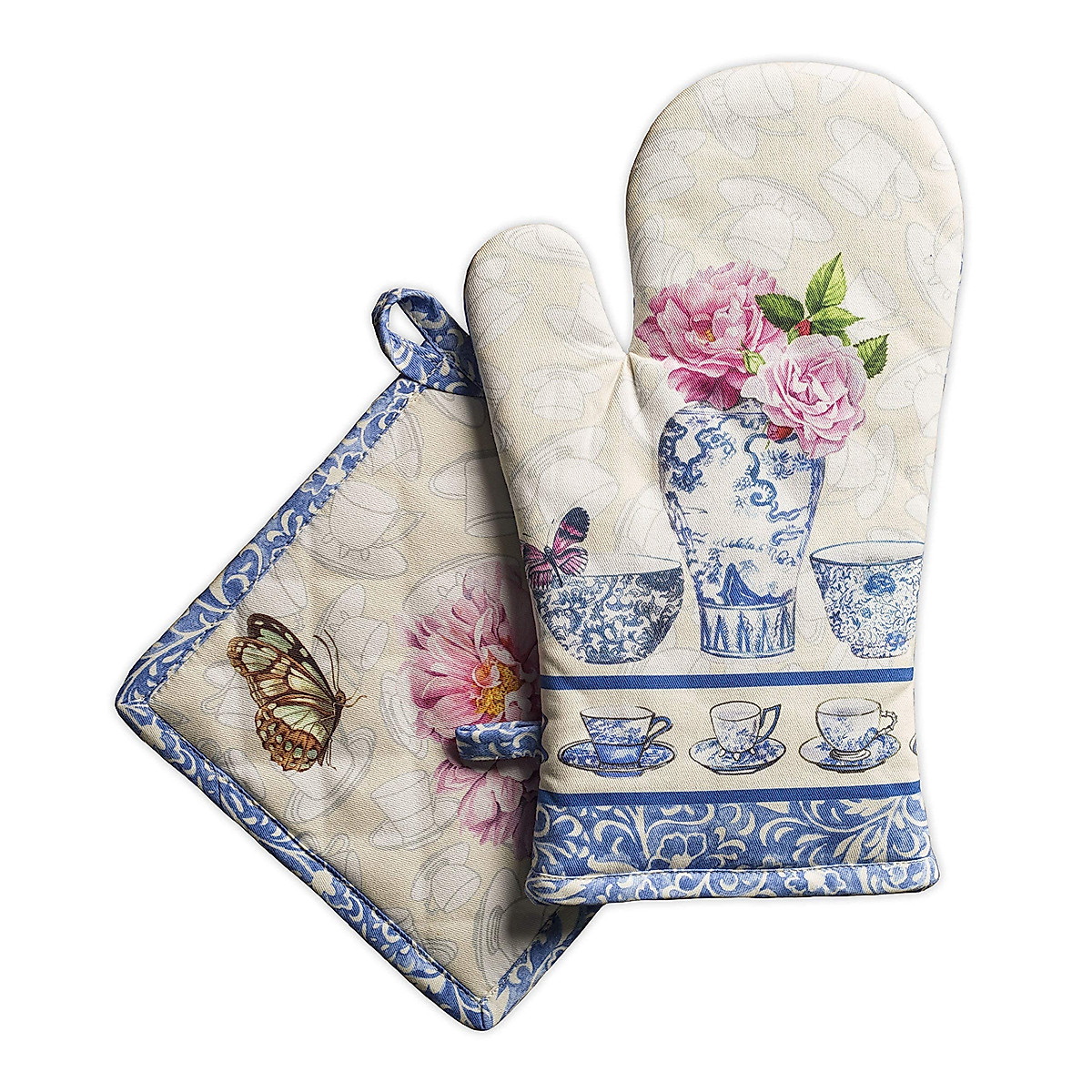 Maison d' Hermine Canton Bundle Set 100% Cotton Apron (27.50 Inch by 31.50 Inch) Set of 3 Kitchen Towels (20 Inch by 27.5 Inch) and Oven Mitt (7.5 Inch by 13 Inch)/Pot Holder (8 Inch by 8 Inch)