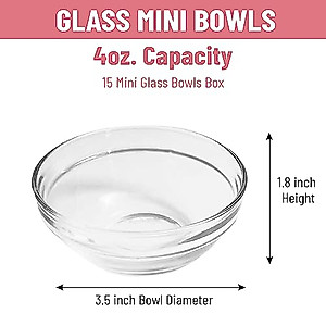 SQARR Mini Glass Prep Pinch Bowls - Set of 15, 3.5 inch 4 oz Clear Glass Bowls for Condiments, Small Glass Bowls, and Pinch Bowls