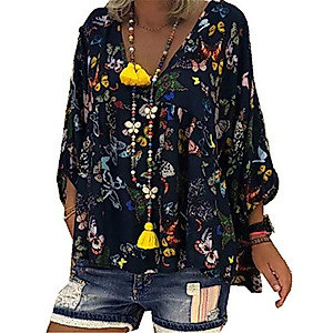 Andongnywell Women's Casual Loose Sleeve V Neck Blouse Top Floral Print Shirt Top Chiffon Shirt Tunics (Multicolor 4,5,XX-Large)