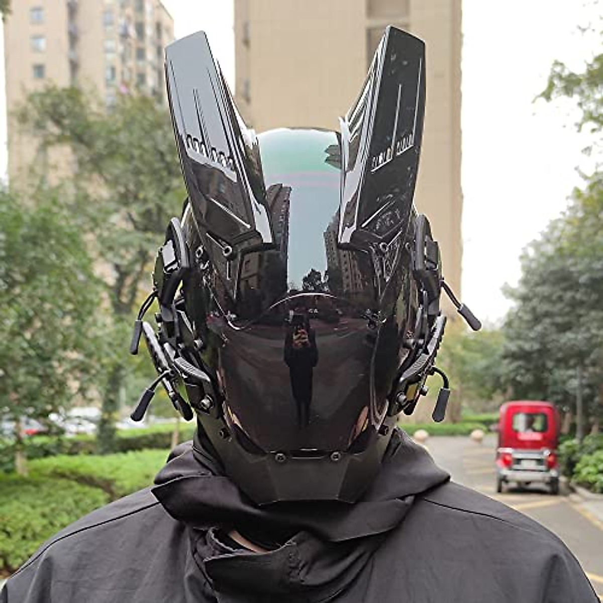 KYEDAY Punk Mask Cosplay for Men, Cosplay Samurai Horns Masks Black Mask Halloween Party Coolplay Gifts