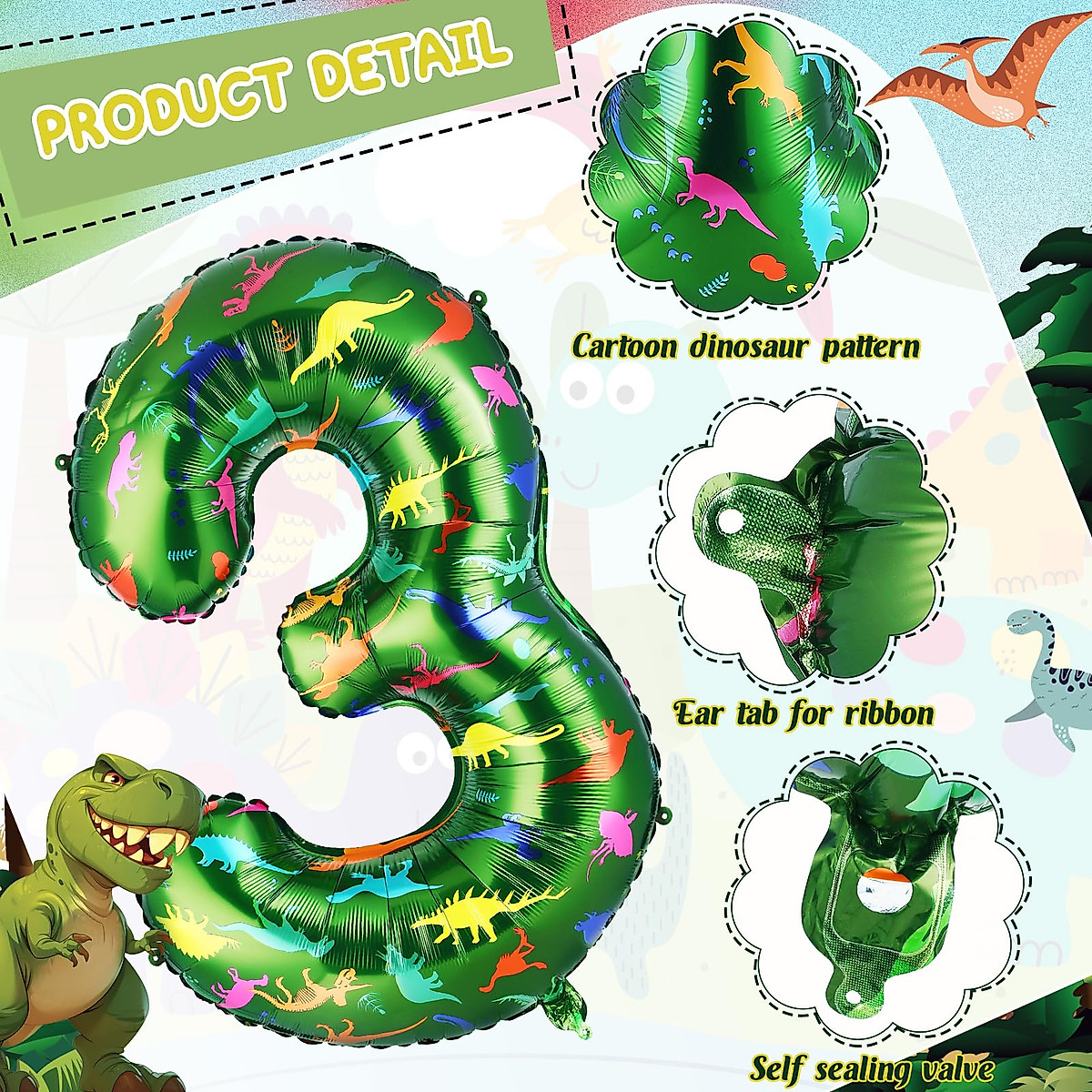 Lunmon 40 Inch Dinosaur Number Large Balloon 40 Inch Dinosaur Birthday Balloons Supplies Large Green Balloon Dinosaur Theme Balloons for Birthday Party Baby Shower (Number 3)