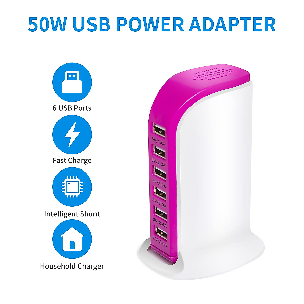 Wyssay 10A(50W) Universal USB Charger，6-Port Independent Desktop USB Charging Station，Multi Charger Block with 4 Ft Extension Cord, USB Fast Charger for Phone Ipad and More(Pink)