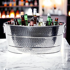 BREKX Aspen Hammered Stainless-Steel Beverage Tub, Ice and Drink Bucket with Metal Stand, 25-Quart for Parties