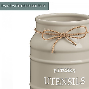 Barnyard Designs Ceramic Farmhouse Utensil Holder for Kitchen Counter, Large Rustic Utensil Crock, Countertop Cooking Tool Spatula Organizer, 6.75” (Taupe)