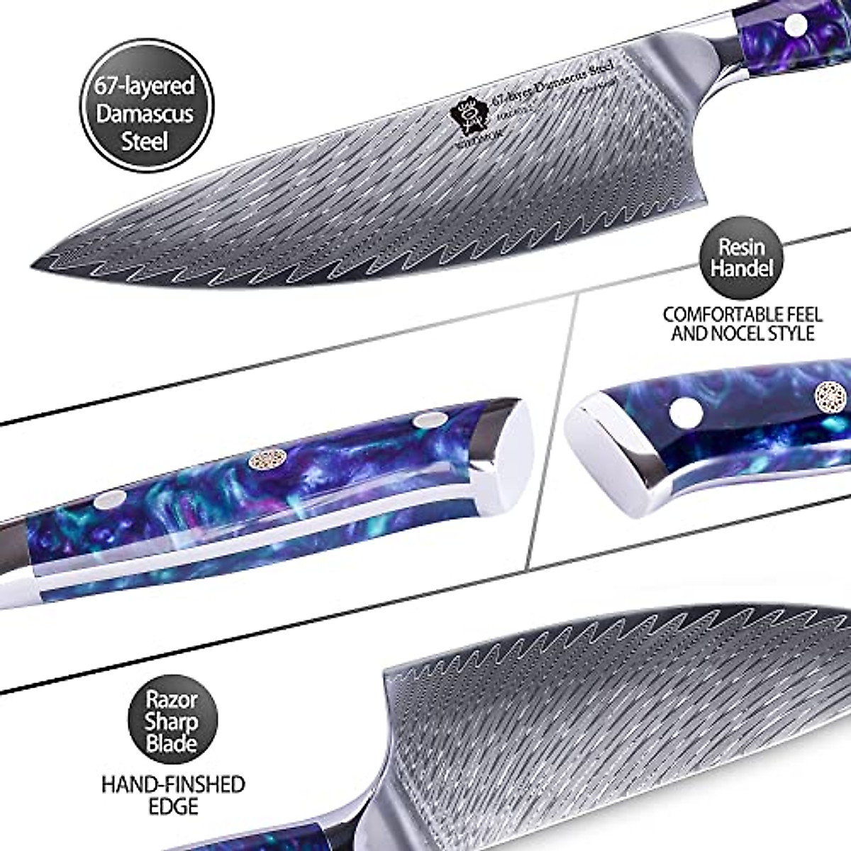 WILDMOK Damascus Kitchen Knife Set with Block Premium Quality 7 Pieces Kitchen Knife Set Razor-Sharp with Ergonomic Handle (7pcs Knife Block Set Blue Resin Handle)