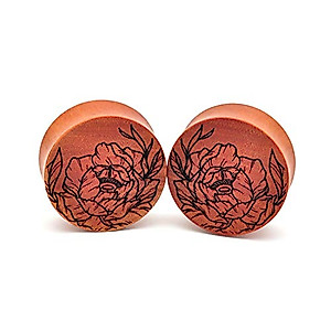 Mystic Metals Body Jewelry Pair of Laser Engraved Offset Floral Style 3 Wood Plugs (PW-335)(Saba Wood) (7/8" (22mm))