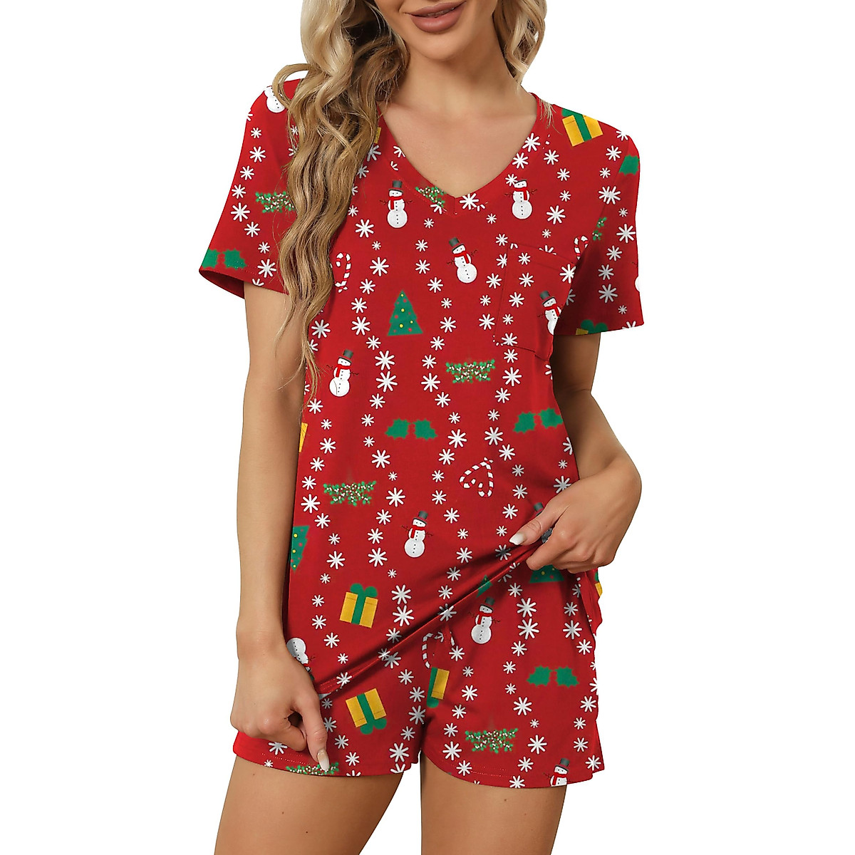 RUBZOOF Christmas Pajamas for Women Shorts Set Snowman Print Casual Soft V Neck 2 Piece Lounge Sets with Pockets S