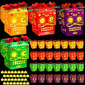 Glooglitter 32 Sets Dia De Los Muertos Luminary Bags Lanterns with Flameless Tea Candle Halloween Day of The Dead Paper Treat Bags Flame Resistant Candle Box for Dia De Los Muertos Party Decorations