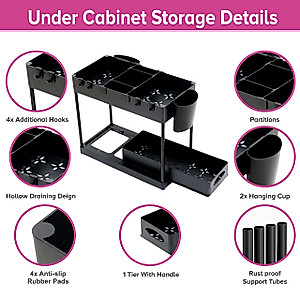 Under Sink Organizers and Storage with 4 Hooks, 2 Hanging Cups & Dividers Under Sink Cabinet Basket Storage 2 Tier Shelf for Bathroom and Kitchen (Black)