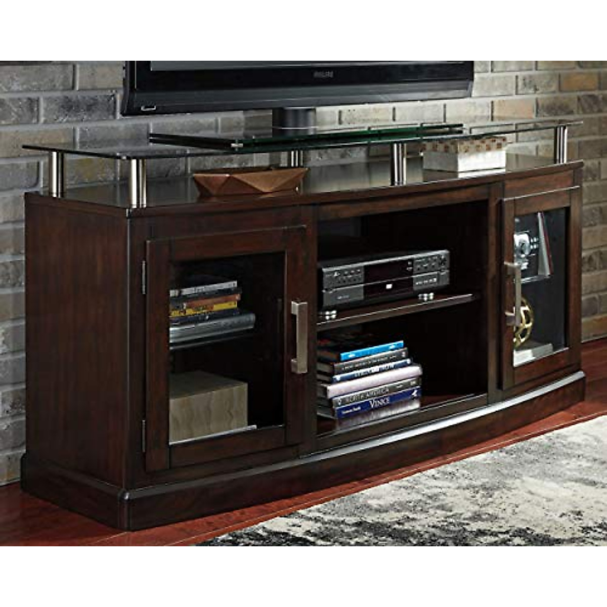 Signature Design by Ashley Chanceen Traditional TV Stand Fits TVs up to 58", Raised Glass Top, Adjustable Shelf and 2 Cabinets For Storage, Dark Brown
