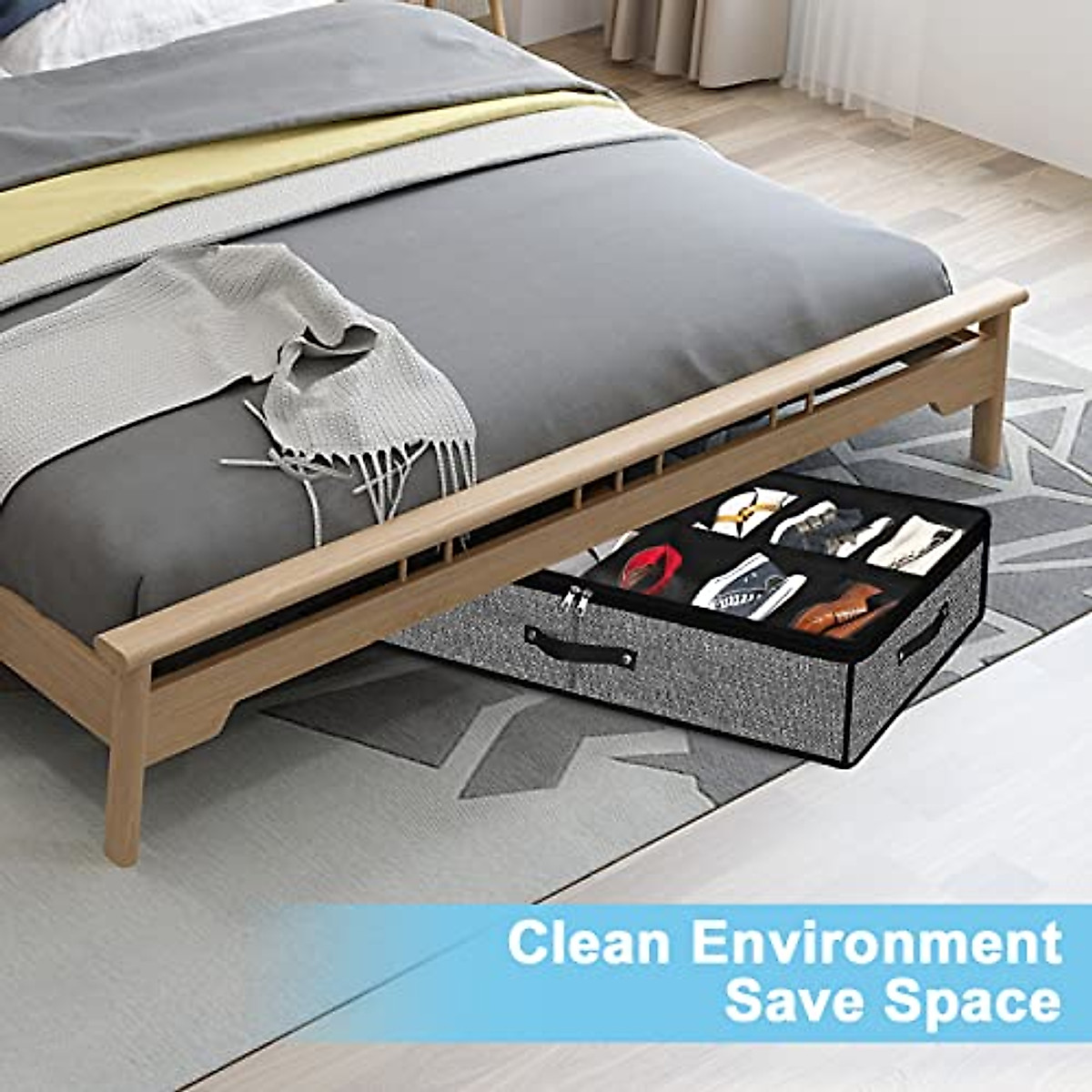 Meerainy Under Bed Shoe Storage Organizer for Closet 2 Pack- Fits 24 Pairs Underbed Shoes Container Boxes with 2 Sturdy Handles and Clear Window,Foldable Shoe Rack Holder,Black