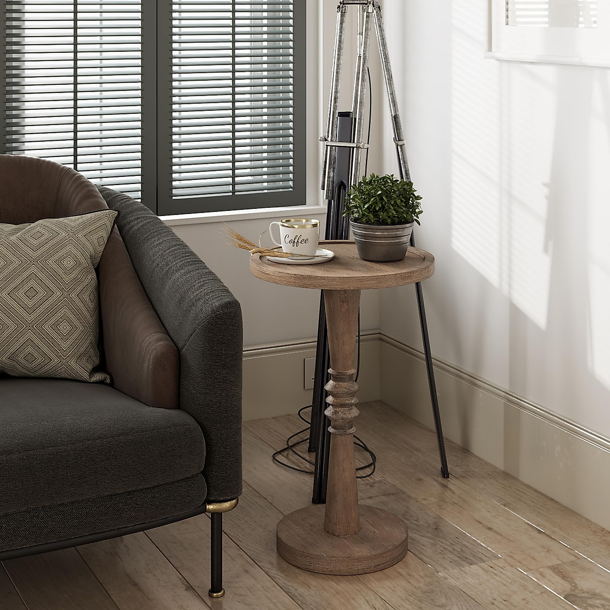 COZAYH Pedestal Small Drinking Table, Farmhouse Tray Top End Table, Distressed Finish, Wood Color