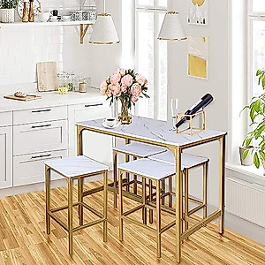 AT-VALY 5-Piece Bar Table Set with 4 Stools,Dining Room Table Set,Small Spaces (Gold & White)
