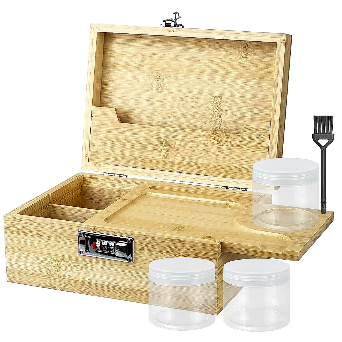 SEHLIX Large Bamboo Box with Combination Lock with Rolling Tray, 3 Stash Jars,Decorative Box for Home Gifts Locking Storage Bamboo Box Storage Glass Accessories (Bamboo)