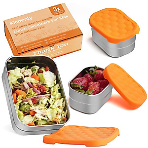 Kichenly Stainless Steel Lunch Box Containers with Silicone Lids – One 25oz and Two 8oz Containers Set – Lunch Box for Kids, Toddler Snack Containers – Perfect for School (Orange)