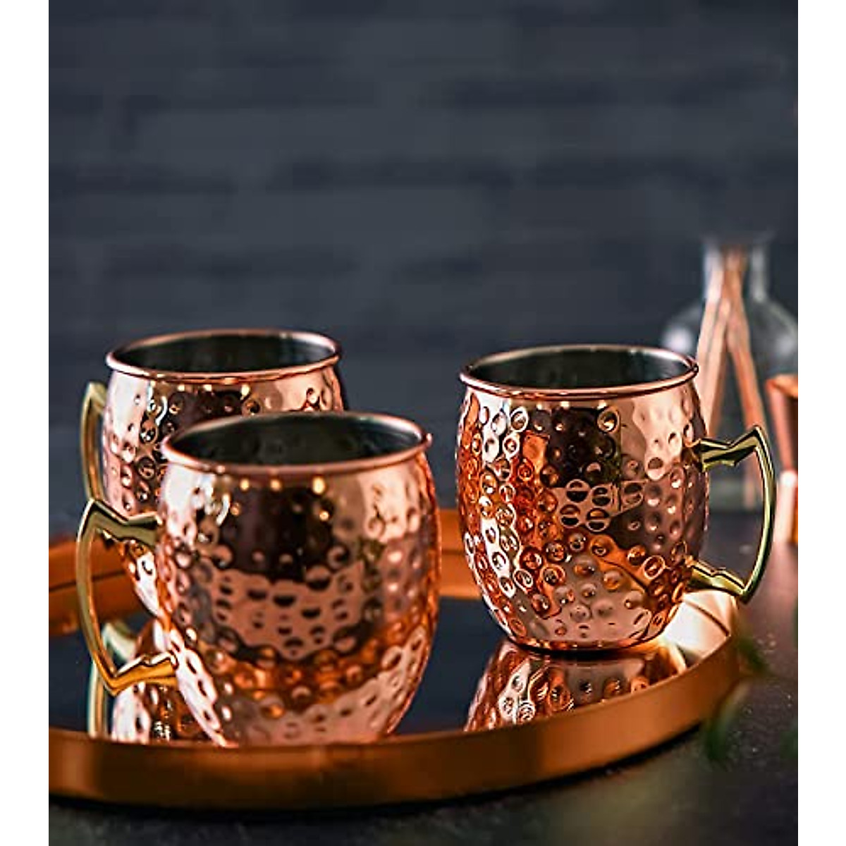 Copper Cure Moscow Mule Mugs | Large Size 19 ounces | Set of 4 Hammered Cups | Stainless Steel Lining | Pure Copper Plating | Gold Brass Handles Gift Pack