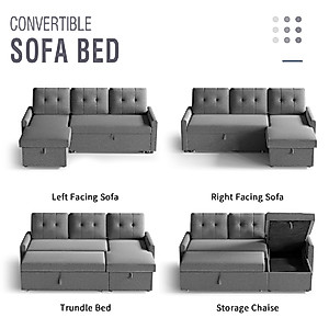 IULULU L Shaped Sectional Sofa, Convertible Sleeper with Pullout Bed, Storage Chaise, 2 in 1 Pull Out Couch for Living Room, Apartment, Grey