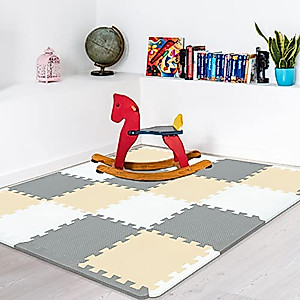 Yostrong® 16 Tiles Interlocking Puzzle Foam Baby Play Mat with Straight Edges for Playing - EVA Babies Crawling Mat | Rubber Floor Work out Mats for Home Gym. White, Beige, Gray. YOC-AJLb16S16