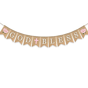 Flower God Bless Banner Baptism Burlap Garlands Girl Pink Cross Floral First Communion Christening Decoration