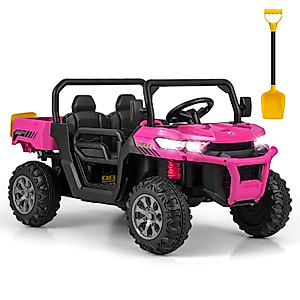 OLAKIDS 2 Seater Ride On Car, 12V Off-Road UTV Electric Vehicle with Remote Control, Dump Bed, Extra Shovel, Music, USB, AUX, Rocking Function, Kids Toddlers Battery Powered Truck (Pink)