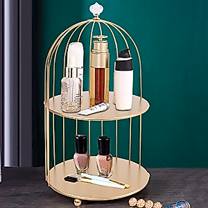 Gdrasuya10 Metal Makeup Organizer Birdcage Cosmetic Storage Rack Makeup Shelf 2 Tier Bird Cage Perfume Dessert Cupcake Rack Bathroom Storage Rack Golden