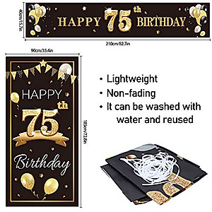 PAKBOOM Happy 75th Birthday Door Cover Porch Banner Sign Set - 75 Years Old Birthday Decorations Party Supplies for Men - Black Gold