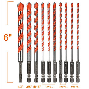 Concrete Carbide Drill Bits Hex Shank Masonry Cement Tile Drill Bit Set for Glass/Brick/Plastic/Cement/Tile 5/32"-1/2" (10PCS)