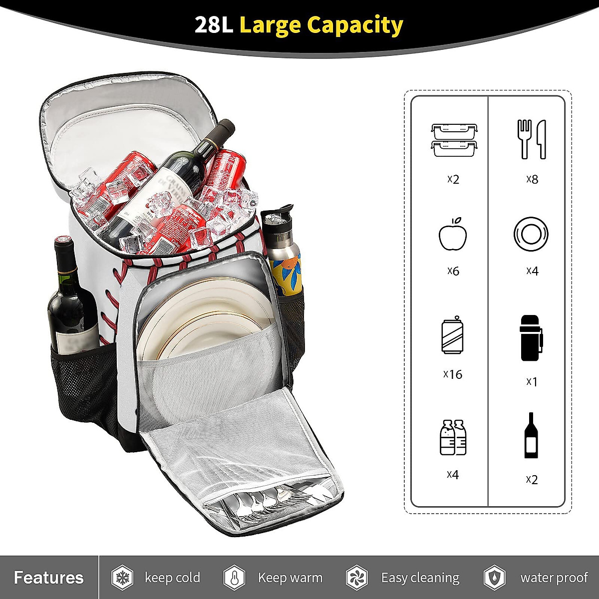 Softball Baseball Cooler Backpack for Women Men Picnic Cooler Bags Insulated Waterproof Leak Proof Portable Lunch Backpack for Work Hiking, Camping, Picnic