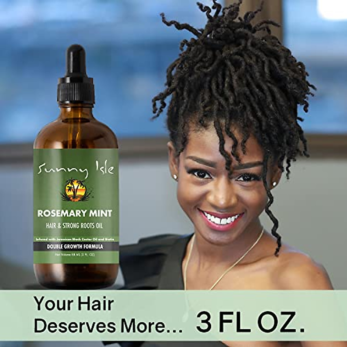 Sunny Isle Rosemary Mint Hair and Strong Roots Oil 3oz, Infused with Biotin & Jamaican Black Castor Oil to Strengthen and Nourish Hair Follicles, for Dry Scalp, Split Ends & All Hair Types