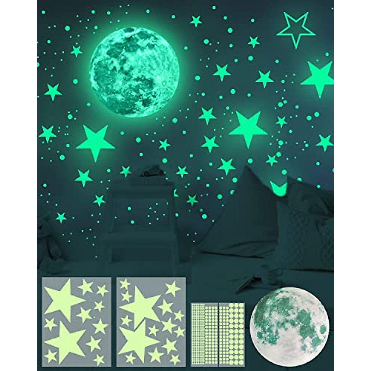 Glow in The Dark Stars Wall Stickers,Glowing Stars for Ceiling and Wall Decals,435 Pcs,Ceiling Stars Glow in The Dark,Perfect for Kids Bedding Room,Play Room,Living Room,Wall Decorations,Baby Room Decor,Best Birthday Gift（Green）