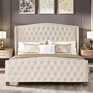 LARMACE King Bed Frame Upholstered Platform Bed with Wingback Headboard & Footbaord Velvet Beds Deep Button Tufted Beds Frames with Wood Slats Support, No Box Spring Needed, Beige