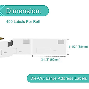 NineLeaf (6 Roll /400 Labels per Roll) Die-Cut Standard Address Labels with Cartridge Compatible for Brother DK-1208 DK1208 38mm x 90mm (3-1/2" x 1-1/2") White Paper use in QL Label Printers