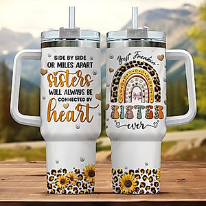 99OWL Sister Rainbow Sunflower Leopard, Tumbler 40 Oz With Handle Lid And Straw, Sister Gifts, Print Funny Tumblers Black Women From Sisters Cups Handle For Heart Little Coffee